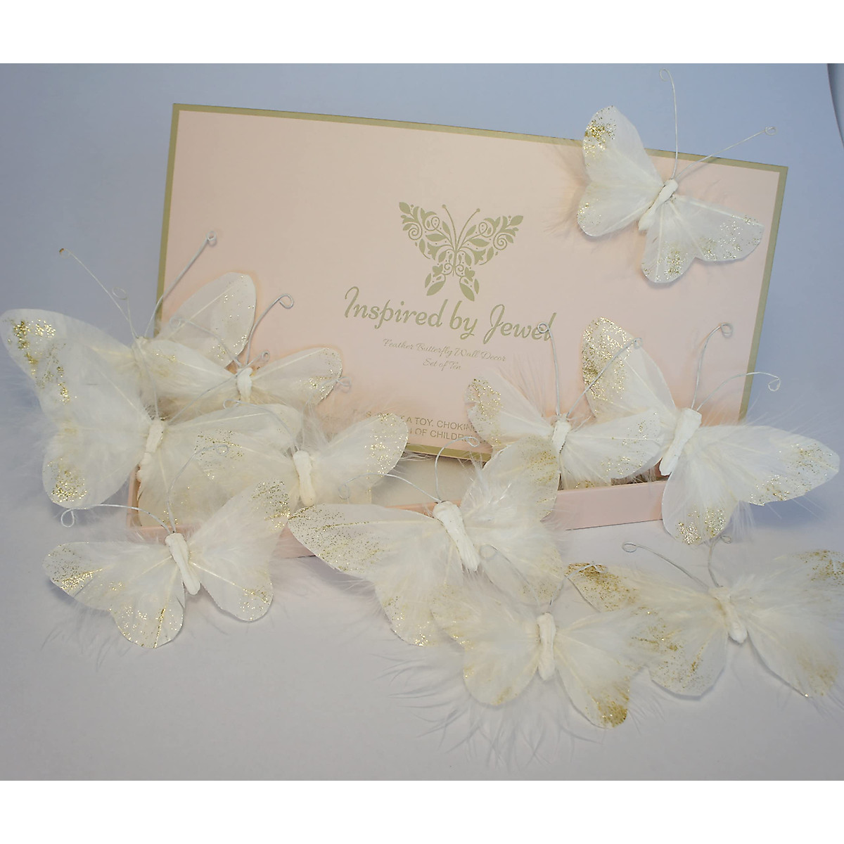 Inspired by Jewel Butterfly Wall Decorations Premium Quality Real Feather 3D Wall Decals Girls Bedroom | Stunning Gold Glitter Decor Stickers All Rooms & Nursery Sets | 10 Adhesive Pieces