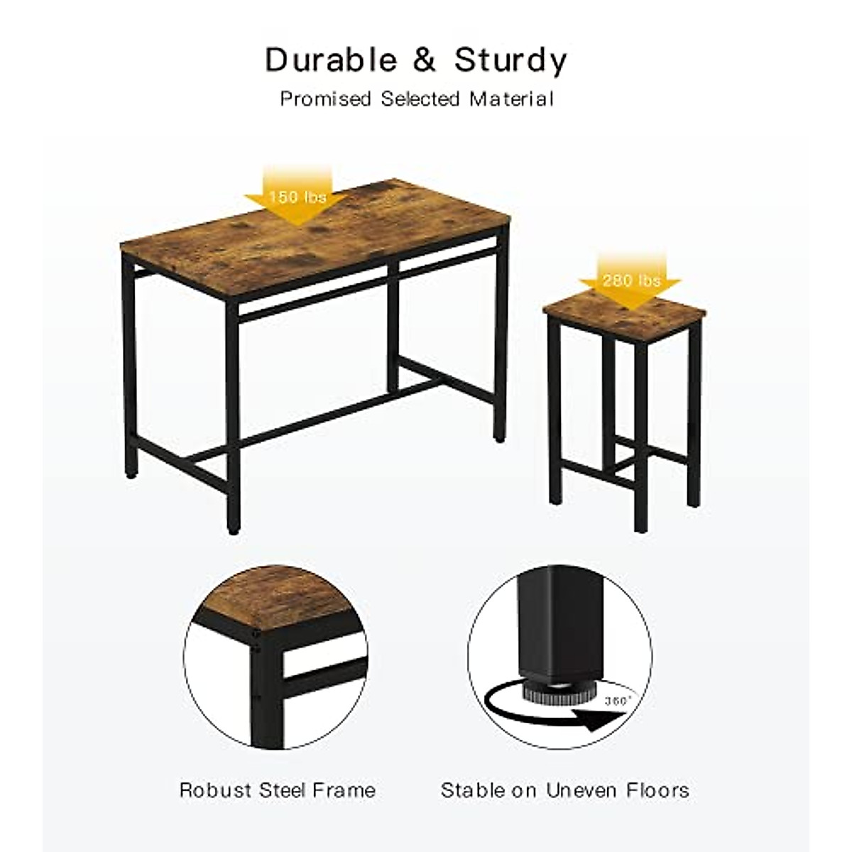 MIERES Dining Table Set for 4-5pcs Kitchen Room Dinette Furniture, Compact Space | Sturdy Metal Frame | Easy Assembly, Height 32.7'', Ideal for DiningRoom | Breakfast Nook, Rustic Brown, 5pcs