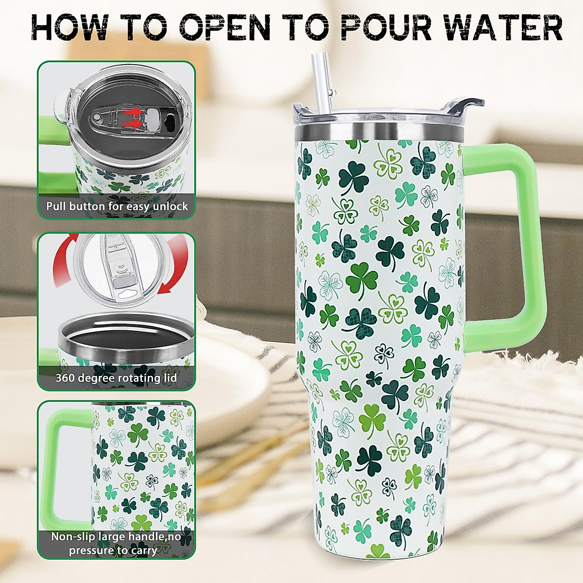 Nqhsionv St Patricks Day Tumbler with Handle 40 oz Green Lucky Shamrock Coffee Travel Mug Stainless Steel Insulated Cup Irish Saint Patricks Decor Gifts