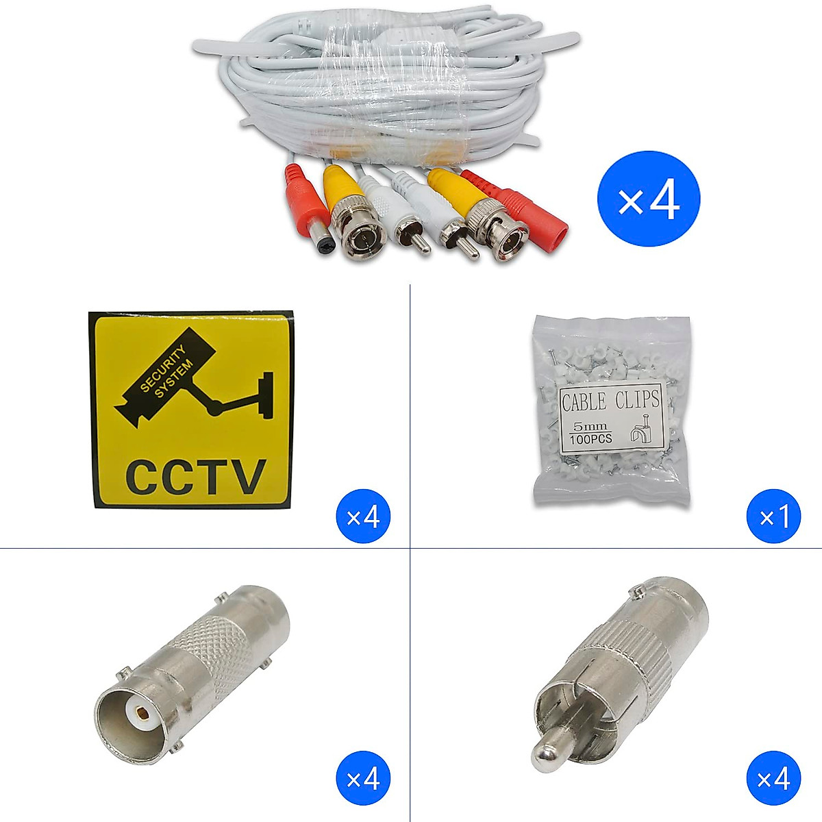4 x 60ft Security Camera BNC Cable,Video Audio with Power for CCTV Camera Installation,Pre-Made All in one Siamese coaxial Plug Ready