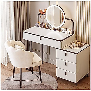 RRNAR Vanity Table Sets with Stool, Vanity Desk with LED Mirror and Drawers, 3 Color Touch Screen Dimming Mirror, Dressing Table with Storage Cabinet, for Wife Girlfriend,White+Black