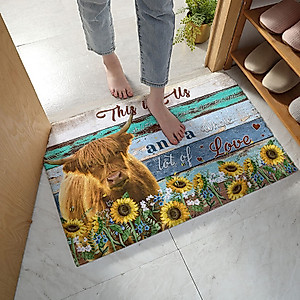 Soft Shag Doormat Vintage Farm Teal Wooden Planks,Non Slip Absorbent Mats Microfiber Runner Carpet Highland Cow and Quote Sunflower,Washable Doormats for Indoor ,Kitchen,Bathroom,Entry Way 20×31.5In