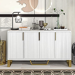 XD Designs Modern Luxury 60'' Large Storage Cabinet with Gold Metal Handles & Legs, Kitchen Buffet Cabinet Console Entryway Table with Adjustable Shelves for Living Room Kitchen (White-F)
