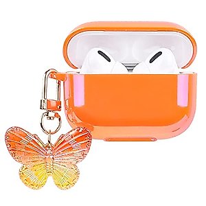 Fycyko Compatible with AirPods Pro Case Cover,Butterfly Colorful Cute Luxury Plating for AirPod Case with Keychain Soft TPU Protective Case for Women Girls Design for AirPods Pro,Orange