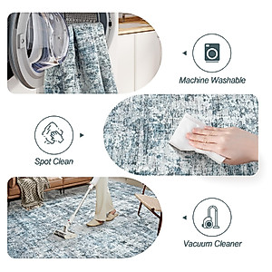 Soalmost Abstract Rug 8x10 Large Living Room Rugs Neutral Modern Washable Area Rugs for Bedroom Dining Room Non-Slip Stain Resistant Foldable Thin Rug Blue