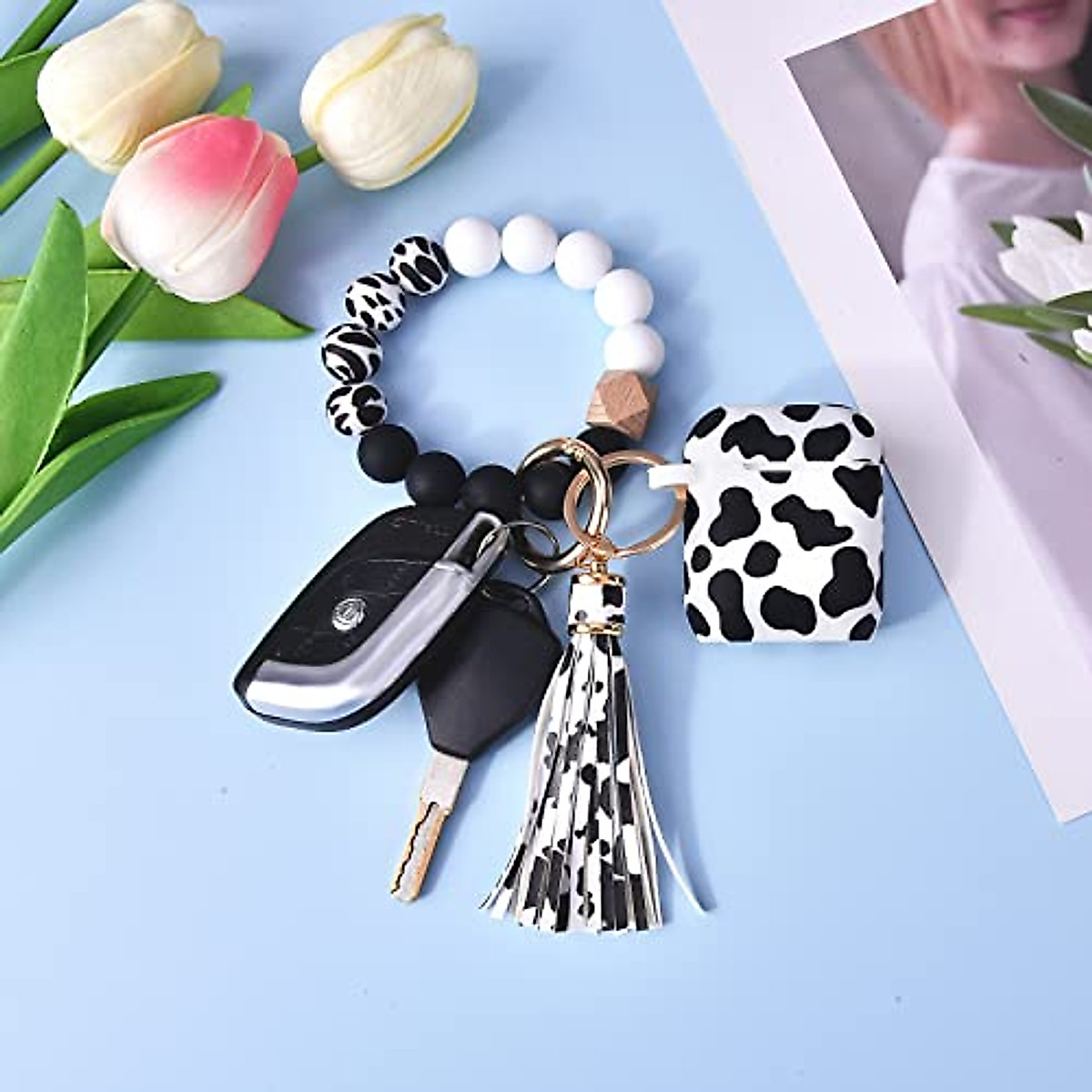 AirPods Case AIRSPO AirPods Case Cover for Apple AirPods Printed Silicone Protective Skin for Women, Girls with Bracelet Keychain/Accessories (Black/Cow)