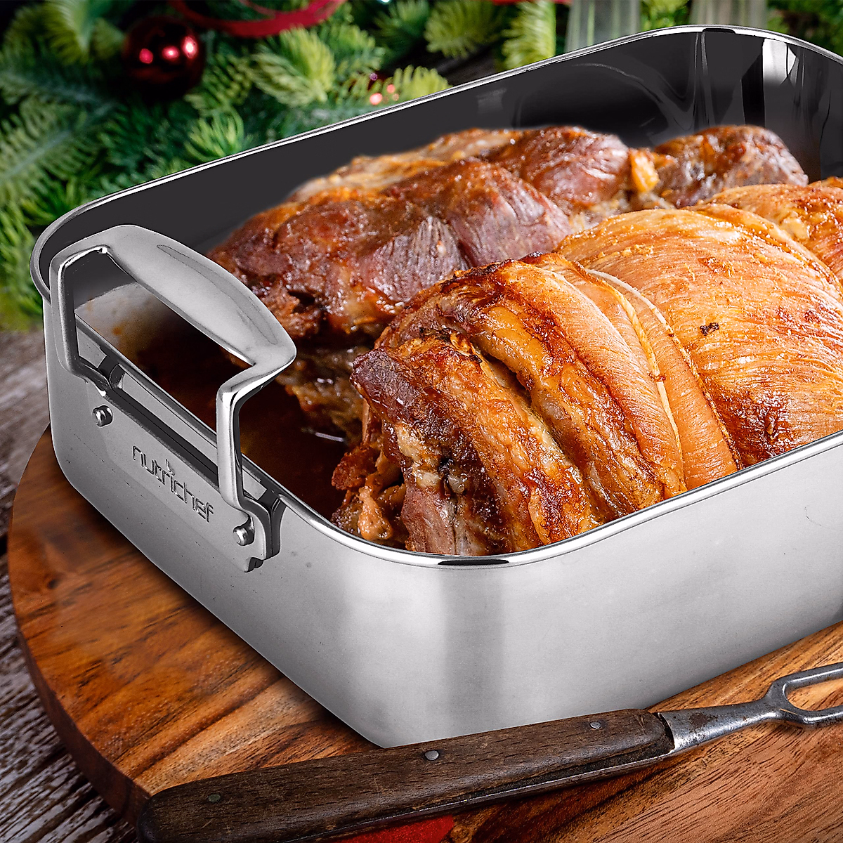 NutriChef 14-Inch Stainless Steel Kitchen Roasting Pan with Polished Wire Rack - Versatile Baking Set for Turkey, Chicken, Meats, & More - Premium & Heavy Duty Roaster for Oven w/ Built-In Handles