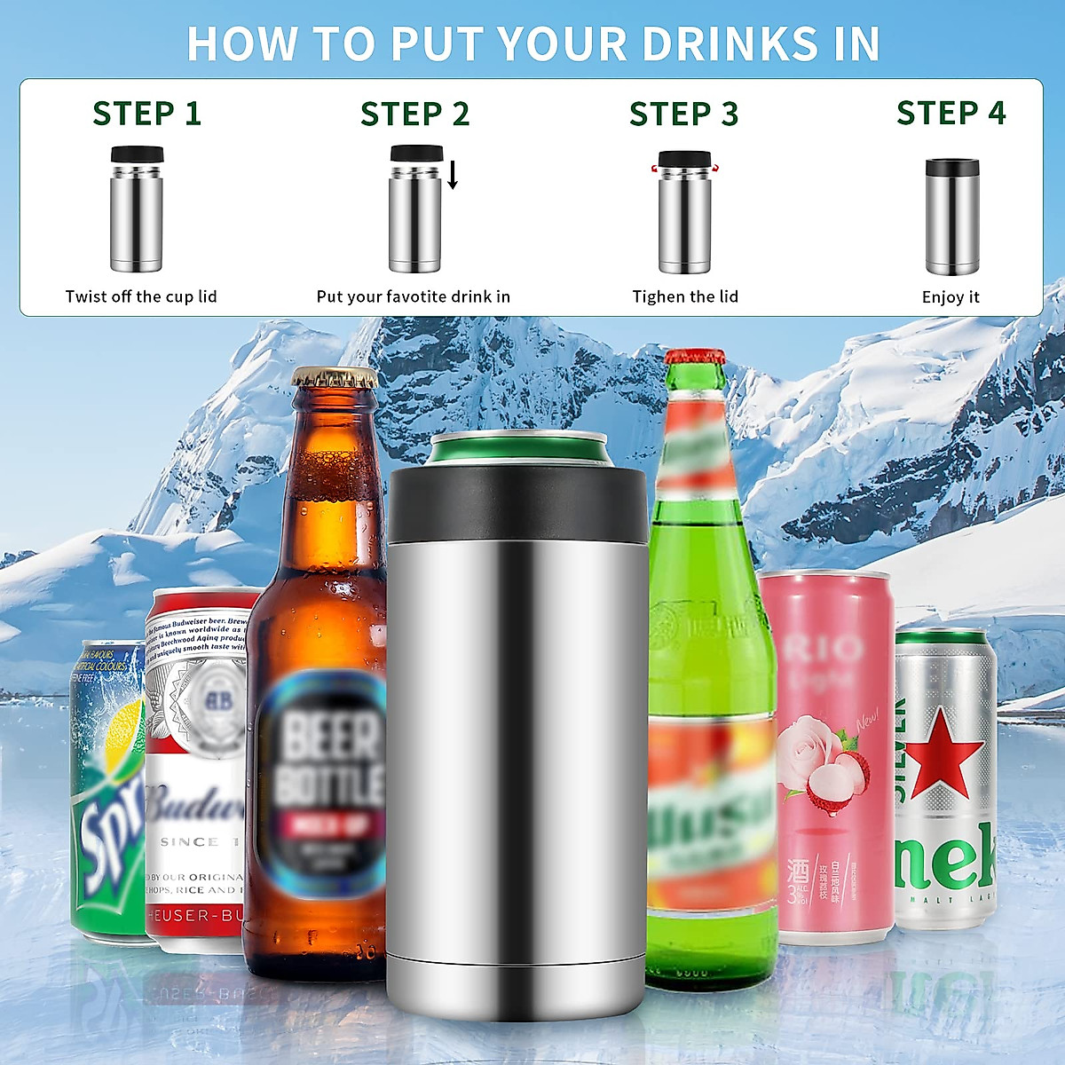 Olerd 16oz Double wall Stainless Steel Insulated Can Cooler, Bottle or Tumbler for Slim Beer & Hard Seltzer Cans, Beer Bottle Holder (Silver)