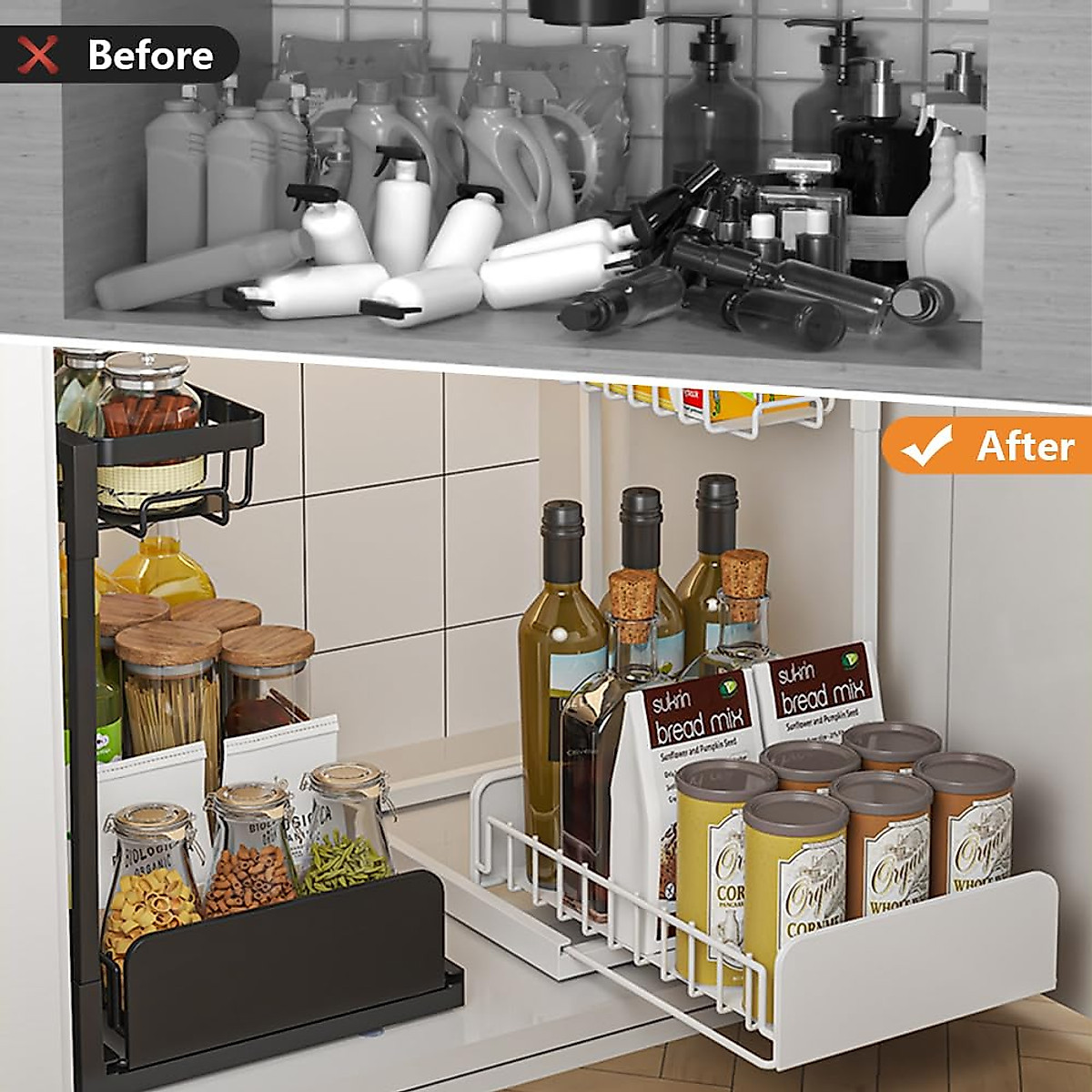 JTAGOO Under Sink Organizers and Storage, Metal L-shape Kitchen Organization 2-Tier Sliding Cabinet Organizer, Under Bathroom Sink Cabinet Organizer Shelf with Drawers, Black, 1 Pack