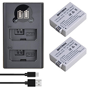 Batmax 2Packs LP-E5 Battery + LCD Dual USB Charger with Type C Port for Canon EOS Rebel XS, Rebel Xsi, Rebel T1i, 1000D, 500D, 450D, Kiss F, Kiss X2, Kiss X3