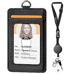 Leather Badge Holder and Adjustable Retractable Lanyards, Quick Release Buckle and Safety Breakaway Lanyards with Swivel Metal Clasp for Offices, Staff, Students, Employees