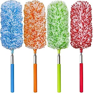 4 Pcs Small Washable Microfiber Feather Duster with Extendable Pole and Bendable Head, Microfibre Cleaning Tool Extendable Dusters for Cleaning Office, Car, Computer, Furniture, Sofa