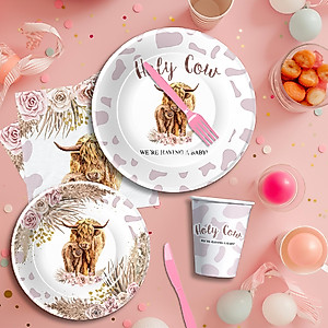 Xenorik Highland Cow Baby Shower Decorations Tableware - Holy Cow Baby Girl Party Supplies, Paper Plate, Cup, Napkin, Tablecloth, Cutlery, Boho Highland Cow Baby Shower Table Decorations | Serve 24