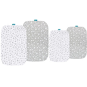 Cotton Sheets for 4moms Breeze Plus Portable Playard and Bassinet, Breathable and Heavenly Soft, Grey Hearts and White Stars Print for Baby