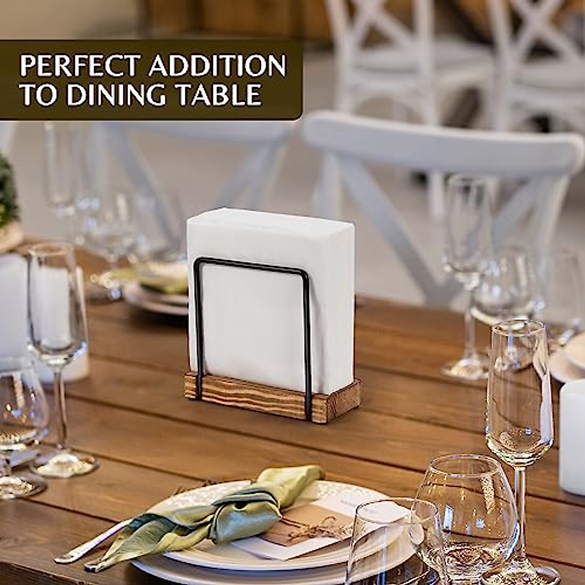 Napkin Holder for Kitchen Dining Table - Farmhouse Standing Iron Napkins Holders with Wood Base for Paper Napkins, Modern Dispenser for Home Decor