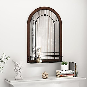 AZODY Arched Window Wall Mirror with Shelf, 36''x24'' Brown Hanging Entryway Mirror, Decorative Mirrors for Wall Decor, Living Room, Bathroom Vanity