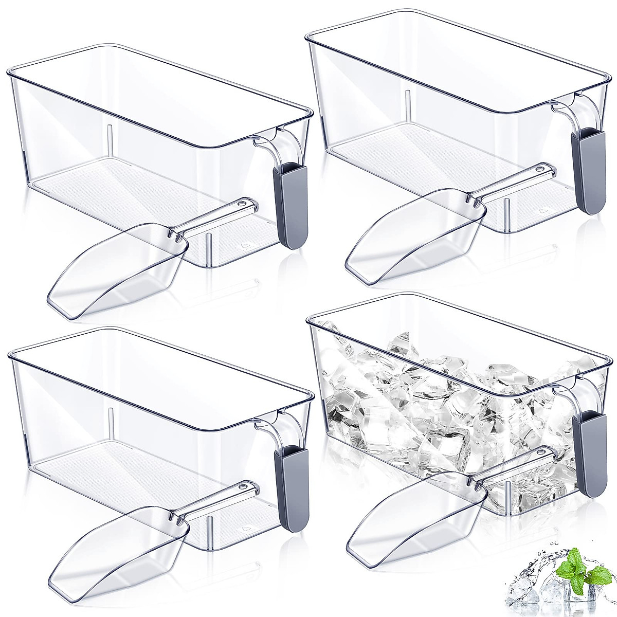 4 Set Clear Plastic Storage Bin with Scoop Clear Freezer Ice Bin with Pull out Handle Ice Container for Freezer Organizer Plastic Utility Ice Scoop Plastic Scoops for Dry Goods Kitchen Fridge Cabinet