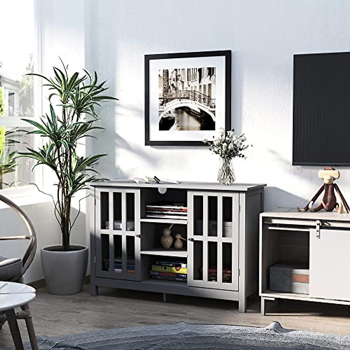 HOMCOM Sideboard, Buffet Cabinet, Coffee Bar Cabinet, Kitchen Cabinet with Storage Shelves, Slatted Framed Doors and Cable Management for Living Room, Gray