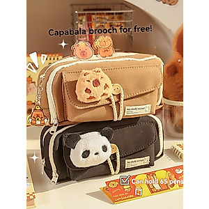 forzma Open Wide 4 Compartment Pencil Case Pen Pouch Canvas Capybara with Pen Slots Grids Bonus Pin Brown/Black (Milk Coffee)