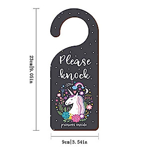 Please Knock Princess Inside Wooden Door Knob Hanger Sign for Kids' Room,Playing Room,Home, Girl's Room 9"*3.54" Unicorn with Flowers and Stars Decoration
