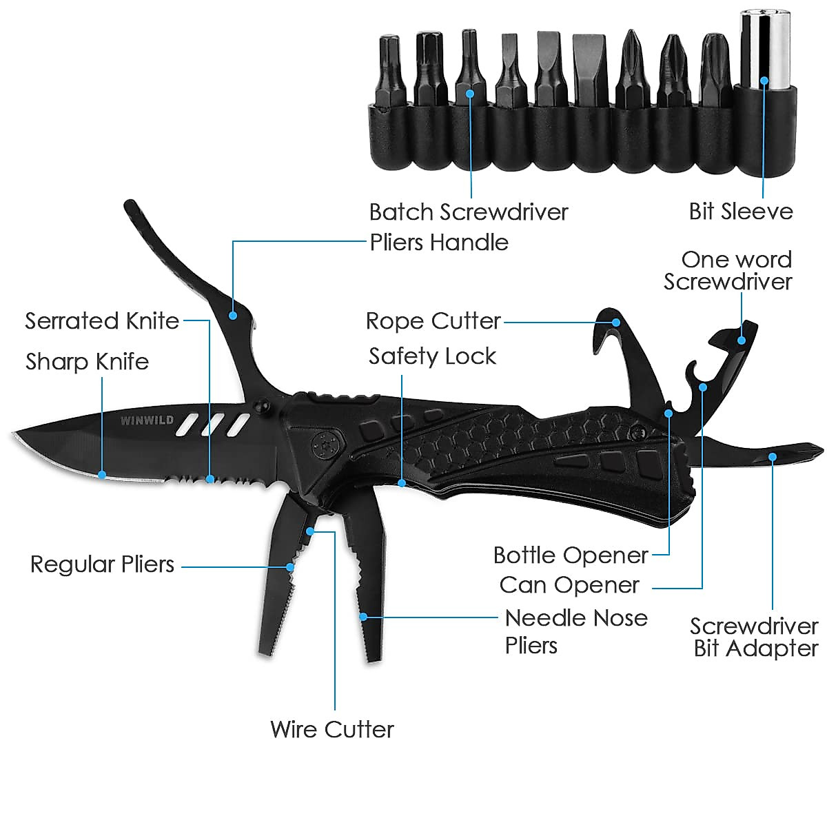 WINWILD Multitool Pocket Knife with Pliers Screwdrivers Bottle Opener Safety Lock,Camping knife for Survival Camping Fishing Hiking, stocking stuffers Gift for Men Women (Black)