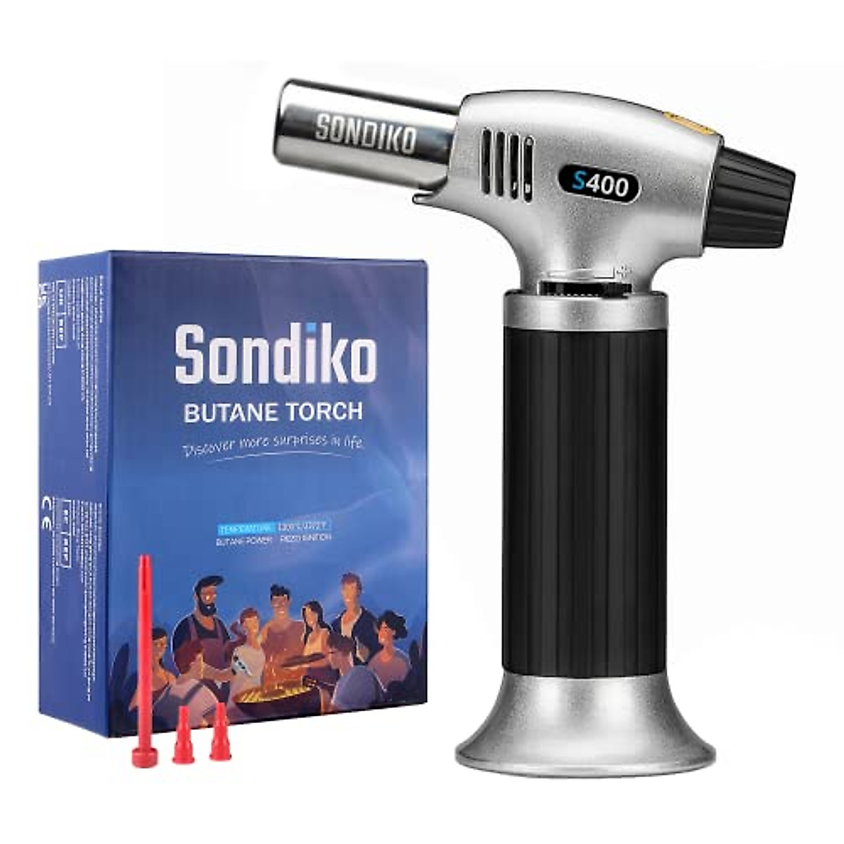 Sondiko Butane Torch and Fuel Refill, S400 with 170 ml Gas Included. Kitchen Torch Lighter Blow Torch with butane refill for BBQ, Creme Brulee, Baking.