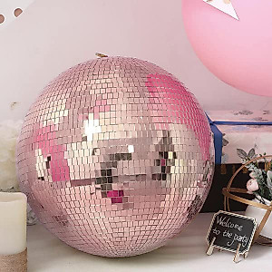 Tableclothsfactory 2 Pcs 9" Rose Gold Glass Mirror Disco Ball with Hanging String Christmas Ornaments