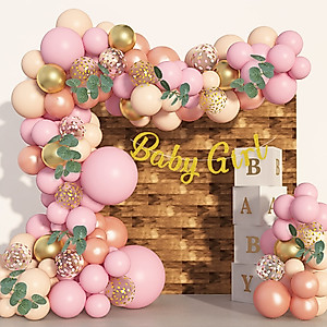 122Pcs Baby Shower Decorations for Girl Rose Gold Pink Balloons Arch Garland Kit with Eucalyptus Boho Greenery Baby Girl Banner Peach Blush Gold Balloons for Baby in Bloom Gender Reveal Party Supplies