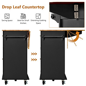 Squireewo Kitchen Cart with Wood Top and Drop Leaf Breakfast Bar, Rolling Mobile Kitchen Island Table on Wheels with Drawer and Storage Cabinet, Spice Rack, Towel Rack, Black