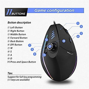 ZLOT Vertical Gaming Mouse,Wired RGB Ergonomic USB Joystick Programmable Laser Gaming Mice,6+1 Design,11 Buttons,1000 Hz Max Polling Rate,10000 Max DPI,Upgraded Version for Computer Gamers,Black