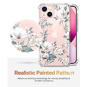 GVIEWIN Designed for iPhone 13 Case 6.1 Inch, with Tempered Glass Screen Protector + Camera Lens Protector Clear Flower Soft & Flexible Shockproof Floral Women Phone Cover（Magnolia/White）