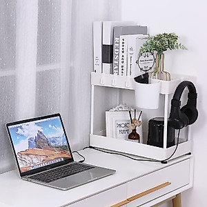 Qucover Under Sink Organizer 2 Pack White, Different Width 2 Tier Bathroom Cabinet Organizers and Storage, Waterproof Rust-proof ABS Plastic Kitchen Sink Organizer with Hanging Cups and Hooks