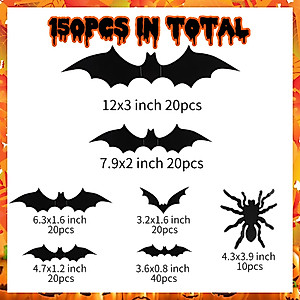 150 Pcs Bat Halloween Decorations: Magicsky 3D PVC Stickers Bat Wall Decor, DIY Black Window Party Home Room Décor Supplies, 140 Bats and 10 Spiders with Foam Tape
