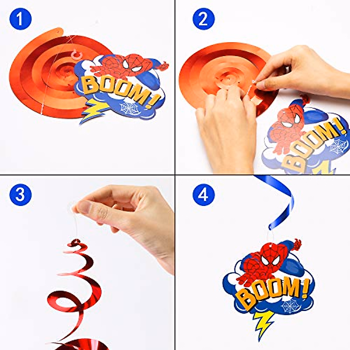 PANTIDE 30Ct Spider Superhero Hanging Swirls Decorations, Spider Hero Whirls Glitter Foil Ceiling Swirls Streamers Decorations, Superhero Themed Party Supplies Favors for Kids Birthday Baby Shower