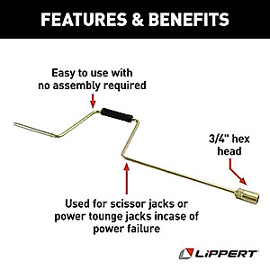 Lippert Manual Crank Handle for Scissor Jacks and Tongue Jacks — Retracts Lippert Landing Gear and Slide-Out Assemblies - Suitable for Power Tongue Jacks During Power Failure — 285324