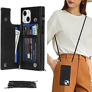 DEFBSC Compatible with iPhone 14 Case, Crossbody Wallet Case, Adjustable Detachable Lanyard Neck Strap with Kickstand Leather Card Holder Protective Cover for iPhone 14 6.1"-Black