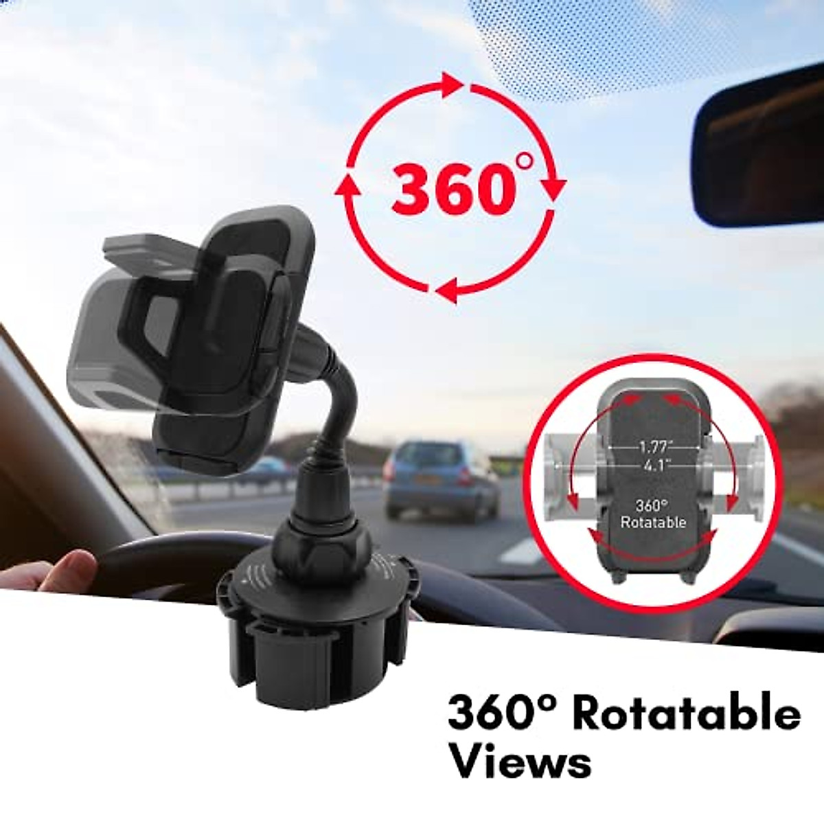 Macally Car Cup Holder Phone Mount [Upgraded], Adjustable Gooseneck Cell Phone Holder Car Mount - Easy Cup Phone Holder Clamp in Vehicle - Cupholder Compatible with All iPhone Android Smartphone