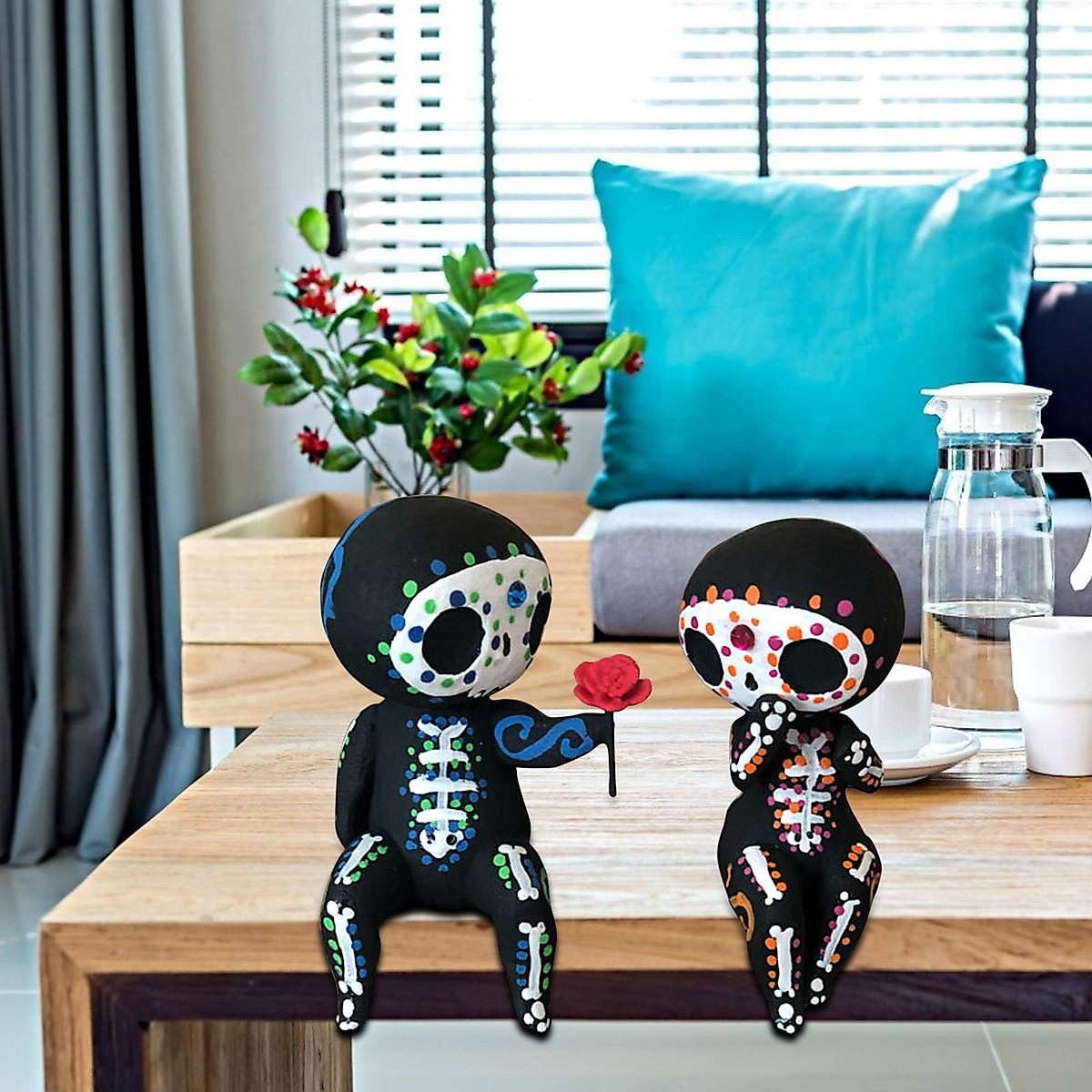 Efitty Sugar Skull Couple Figurine Sculptures Statues Ornaments for Home Garden Indoor Outdoor, Crafts Resin Cute Sugar Skull Couple Statue with Flower, Home Wedding Decoration Gifts for Couples (A)