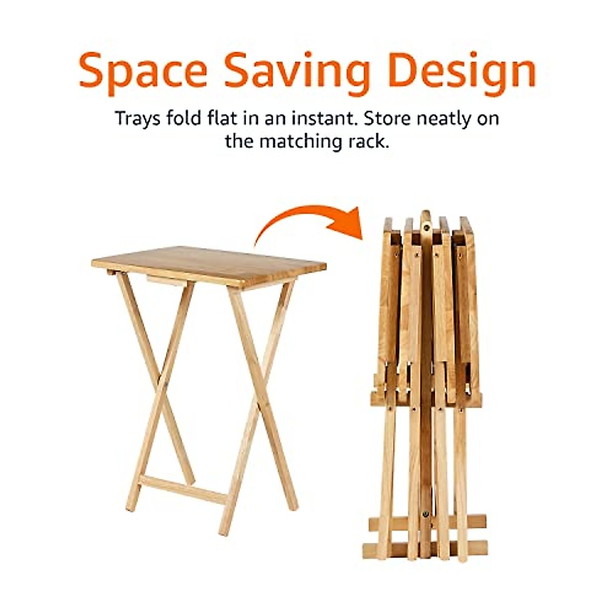 Amazon Basics Classic Portable TV Dinner Rectangular Folding Tray Table with Storage Rack, Natural - Set of 4 Trays, 15"D x 19"W x 26"H