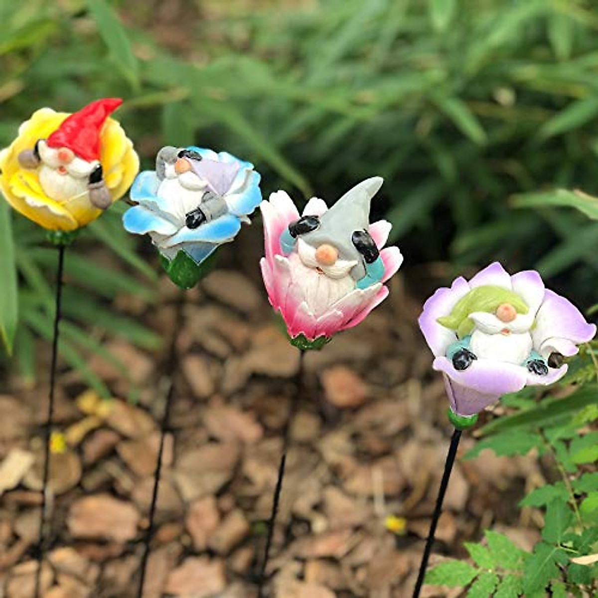 TZSSP Outdoor Statue Garden Stake Water Proof Metal Flower Stick Gnome Statue Décor for Lawn Yard Patio,4 PCS