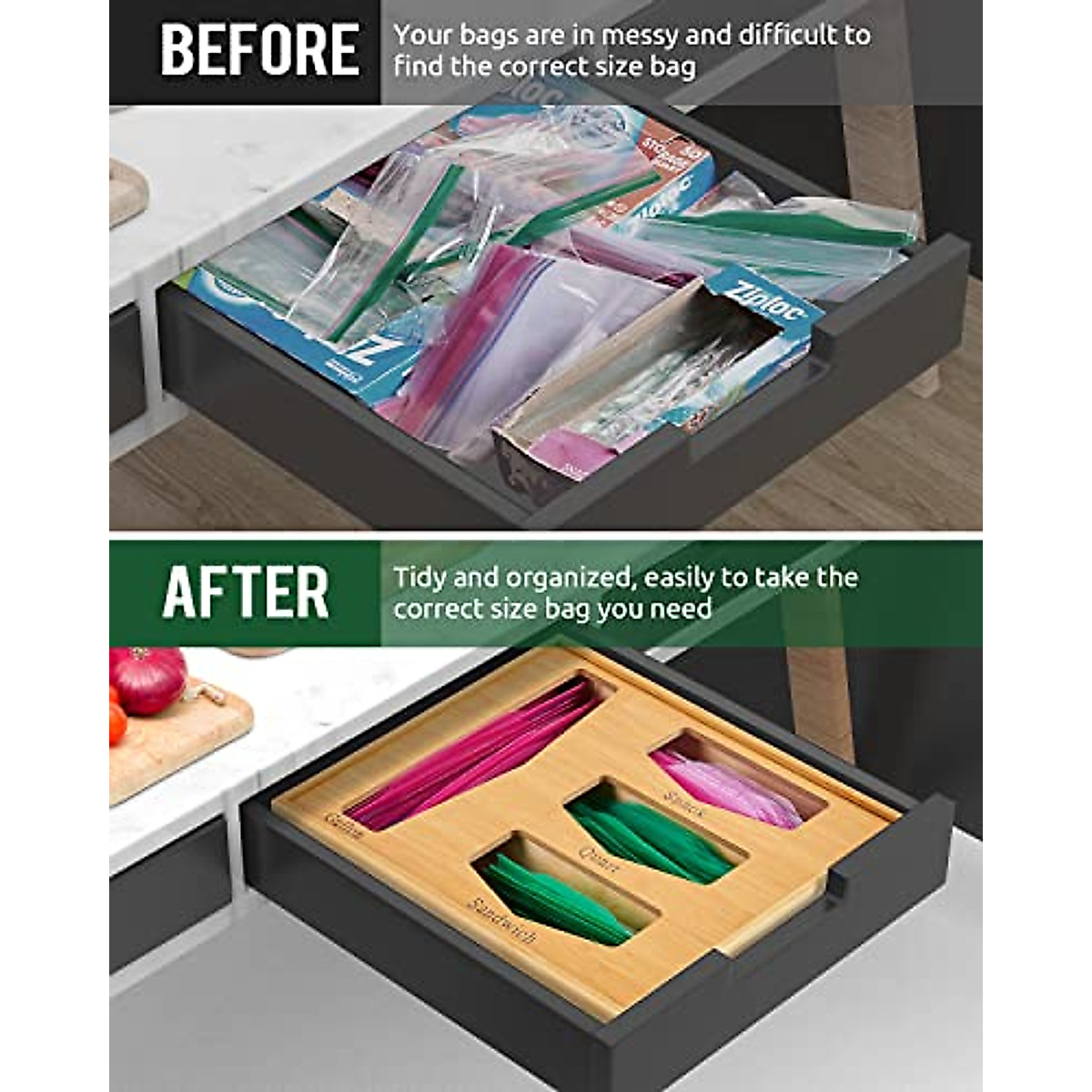 Ziplock Bag Storage Organizer for Kitchen Drawer, 4-in 1 Bamboo Food Baggie Holder, Compatible with Ziploc, Solimo, Glad, Hefty for Gallon, Quart, Sandwich, Snack & Freezer Gallon Variety Size Bag