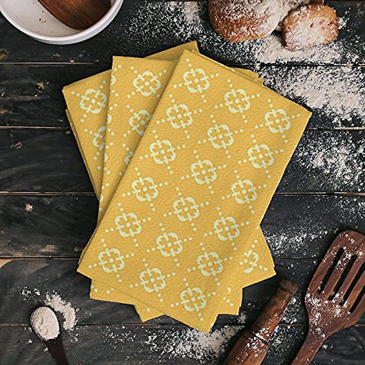 BULING Super Absorbent and Lint Free Kitchen Towels Yellow Morocco Flower Patterned 2PCS Reusable Cleaning Cloths, Soft Tea Towels, Table Cleaning Cloths, Dish Towels for Drying Dishes