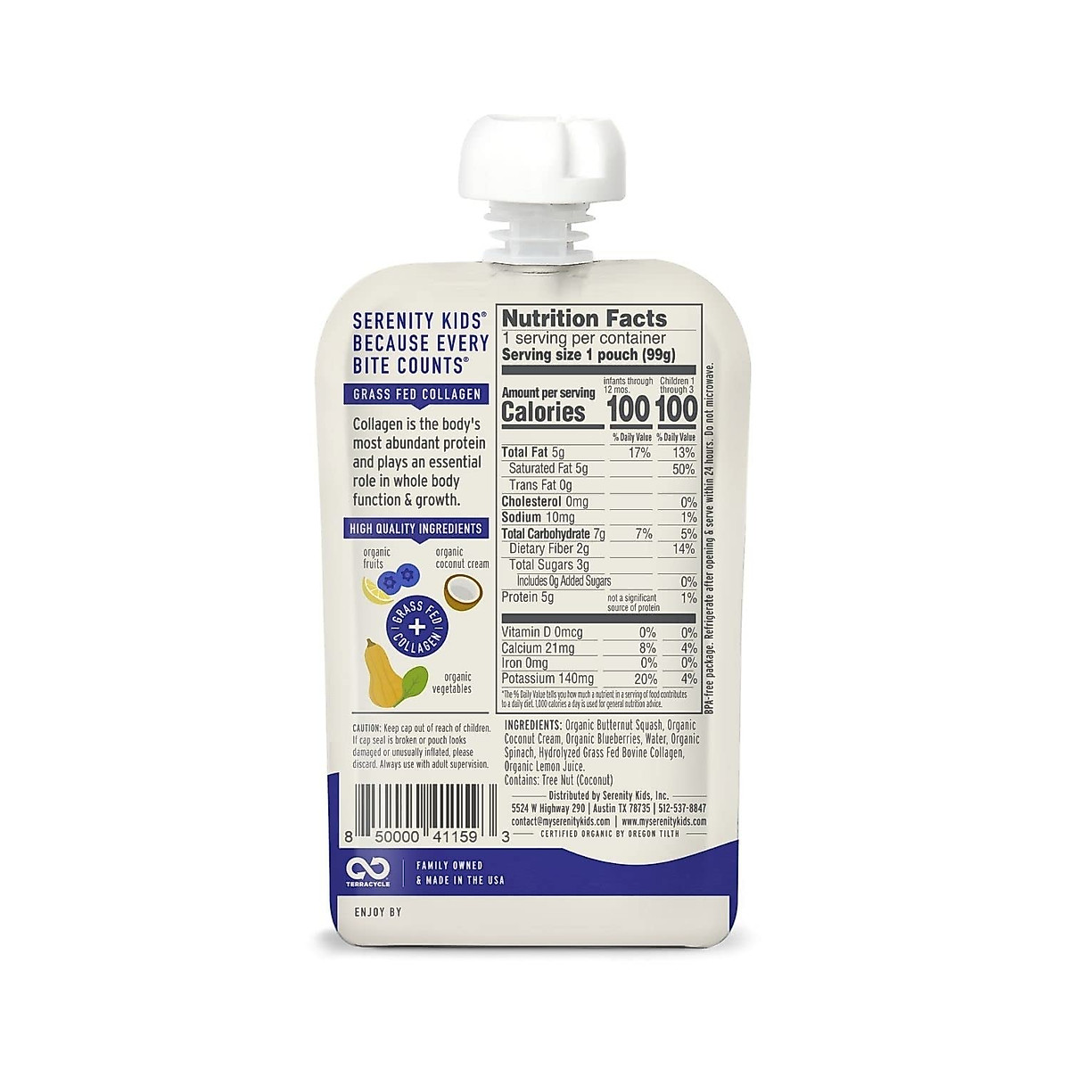 Serenity Kids 6+ Months Dairy-Free Smoothie Baby Food | USDA Organic | Grass Fed Collagen Protein | 3.5 Ounce BPA-Free Pouch | Berry Butternut | 12 Count