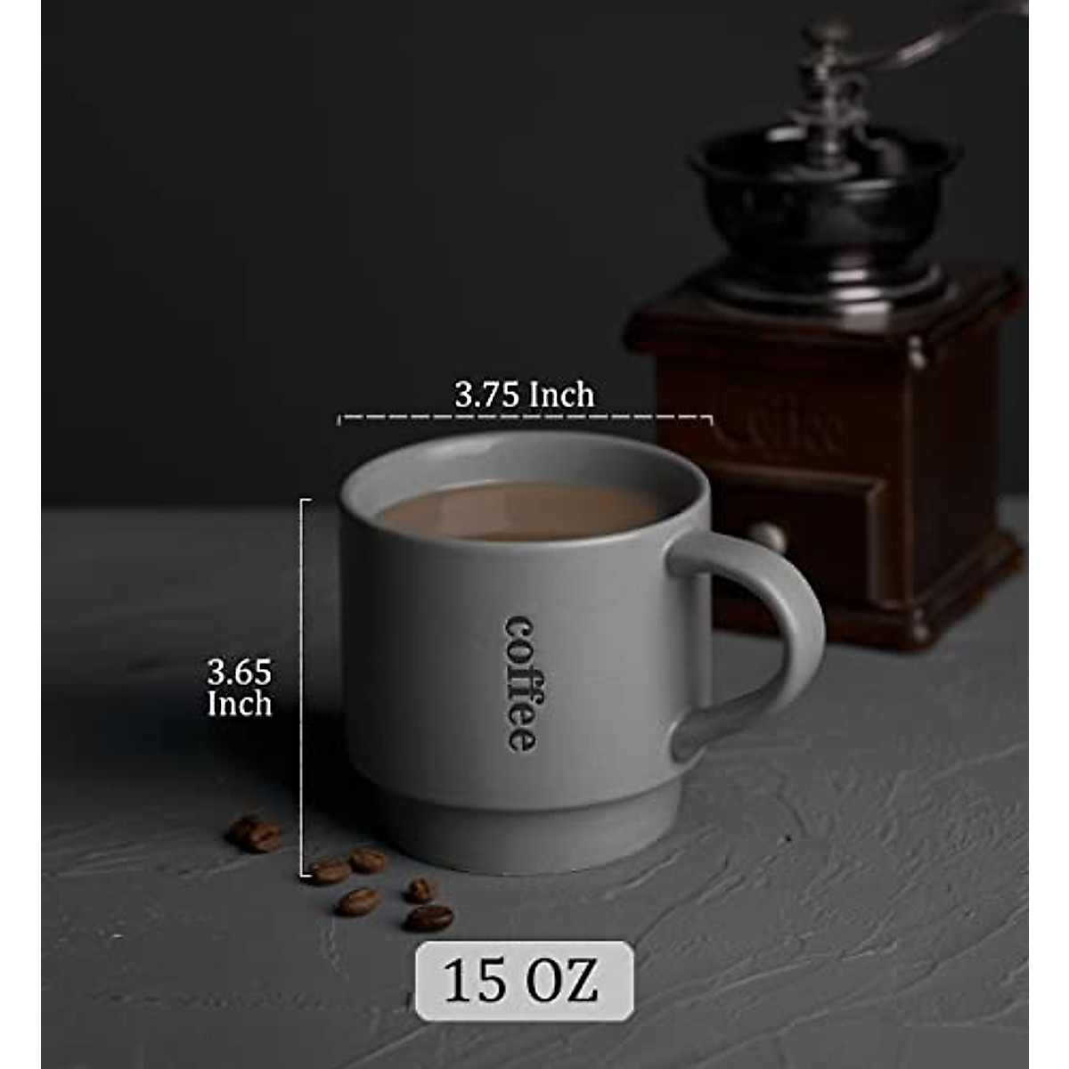 LAUCHUH Stackable Coffee Mug Set with Rack - 15 Ounce Porcelain Coffee Mugs for Coffee, Tea, Cocoa, Milk, Set of 4, Grey