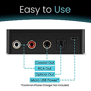 BluDento B1 Bluetooth Stereo Receiver, HD True Hi-Fi V5.1 Audio Receiver, Onboard TI DAC for Analog Stereo RCA Output with Long Range, Digital Coaxial and Optical Output with NFC Pairing Enables