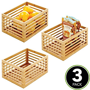 mDesign Bamboo Slotted Cabinet Shelf Storage Organizer Bin for Kitchen, Pantry, Bathroom, Bedroom, Office, Living Room Organization - Holds Food, Snacks, Fruits - Echo Collection - 3 Pack - Natural