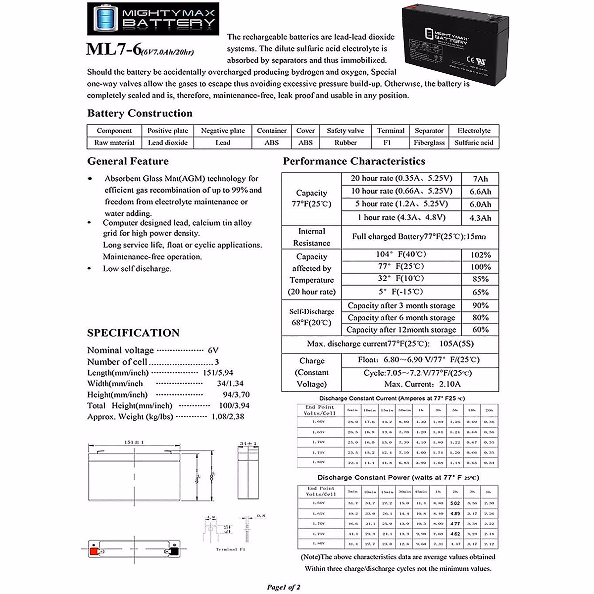 Mighty Max Battery 6V 7Ah SLA Replacement Battery for Lithonia ELB-0607-4 Pack