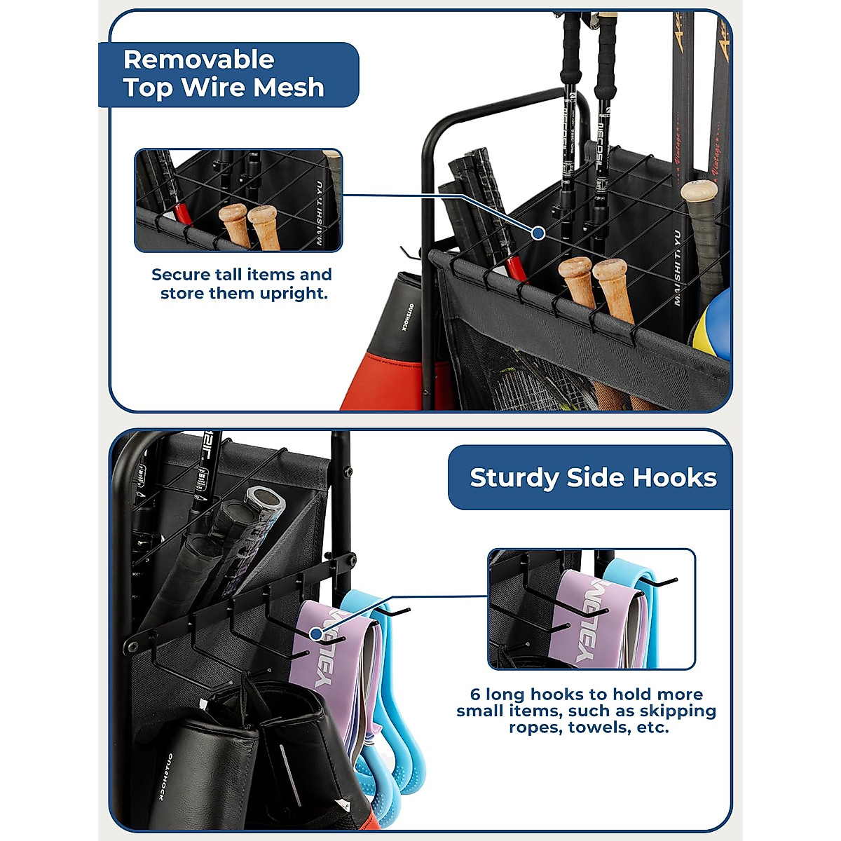 StorageWorks 110L Garden Tool Organizer, Multipurpose Garden Organizer for Yard Tool, Rolling Sports Equipment Organizer, Mop and Broom Rack, Garage Storage with Wheels, Black, 1 pack