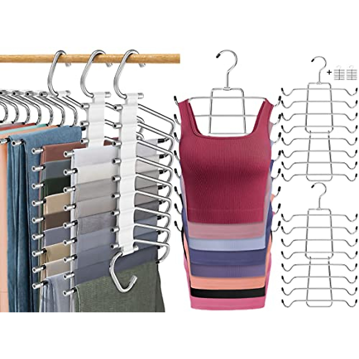 2 Pack Upgrade 9 Layers Pants Hangers Space Saving Antiquewhite+2 Pack Tank Top Hangers Space Saving Metal Bra Organizer for Closet Organizer Dorm Room Essentials