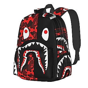 Red-Black Shark Printed Travel Laptop Backpack For Women,Print Mini Casual Daypack Waterproof Computer Bags With Ergonomic